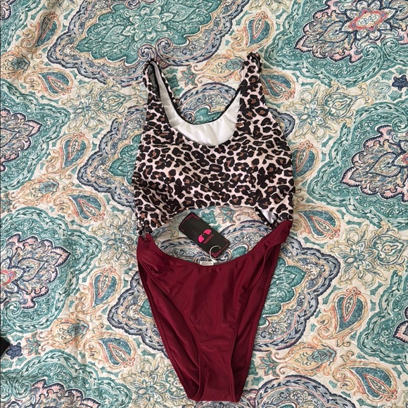shekini | Swim | Leopard Print And Burgundy Swimsuit | Poshmark